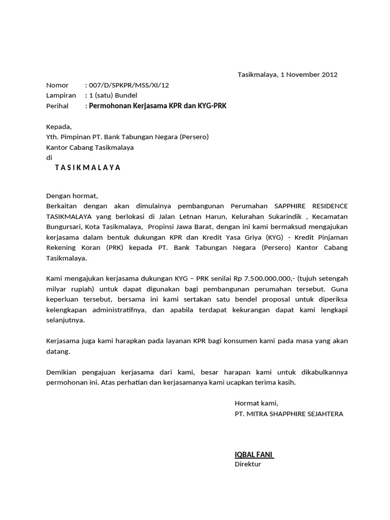 Contoh Surat Permohonan KPR-KYG-PRK | PDF