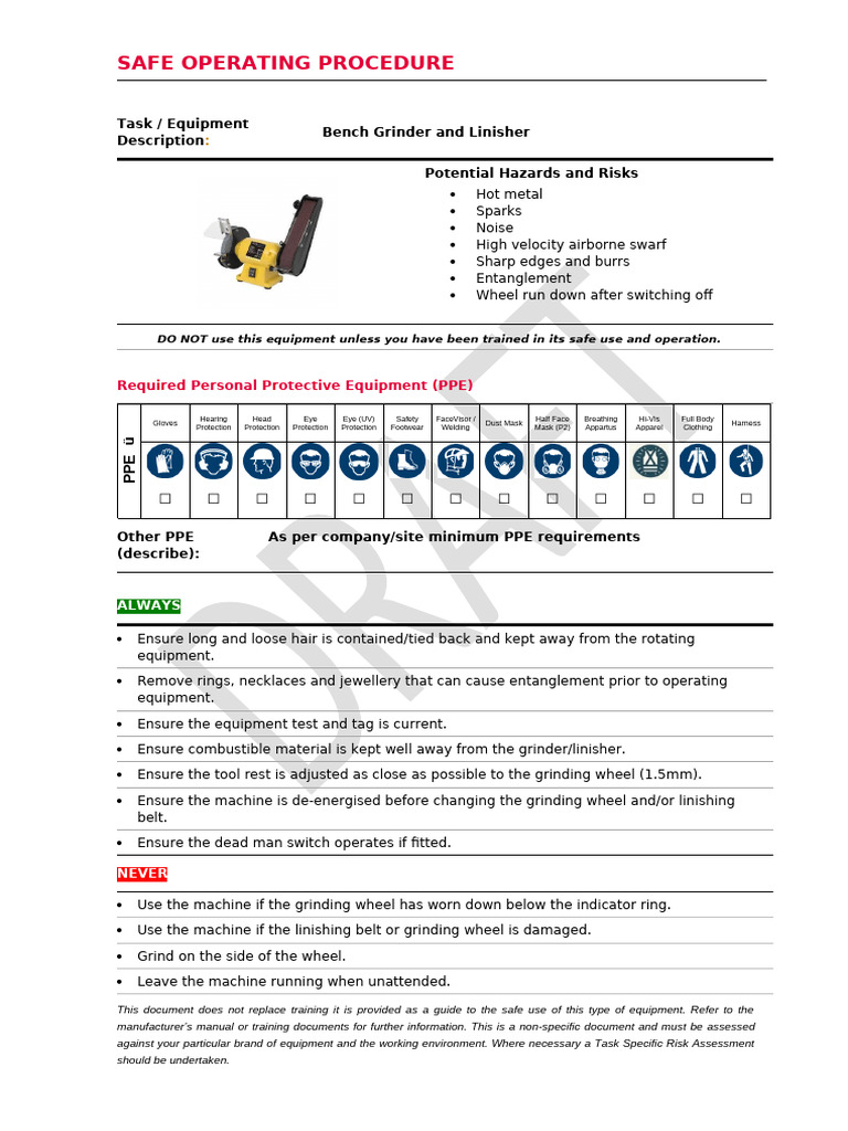 SOP - Bench Grinder and Linisher | PDF | Personal Protective Equipment