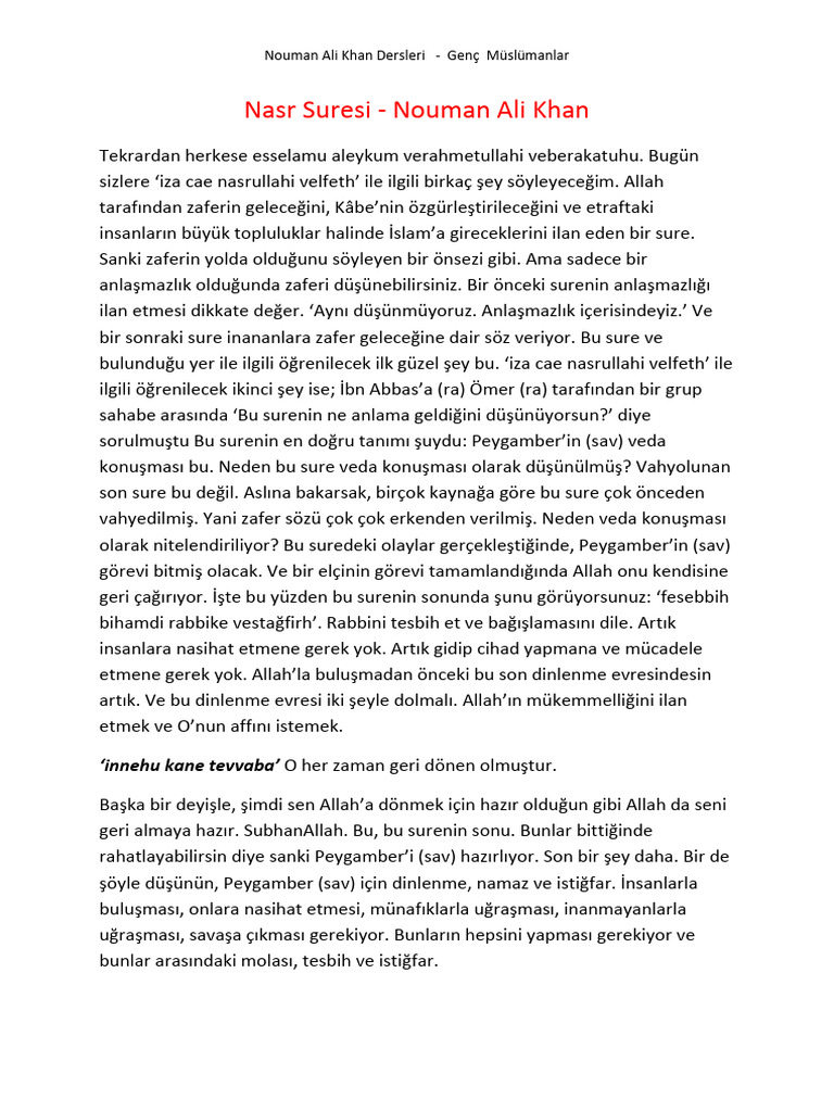 Nasr Suresi - Nouman Ali Khan | PDF