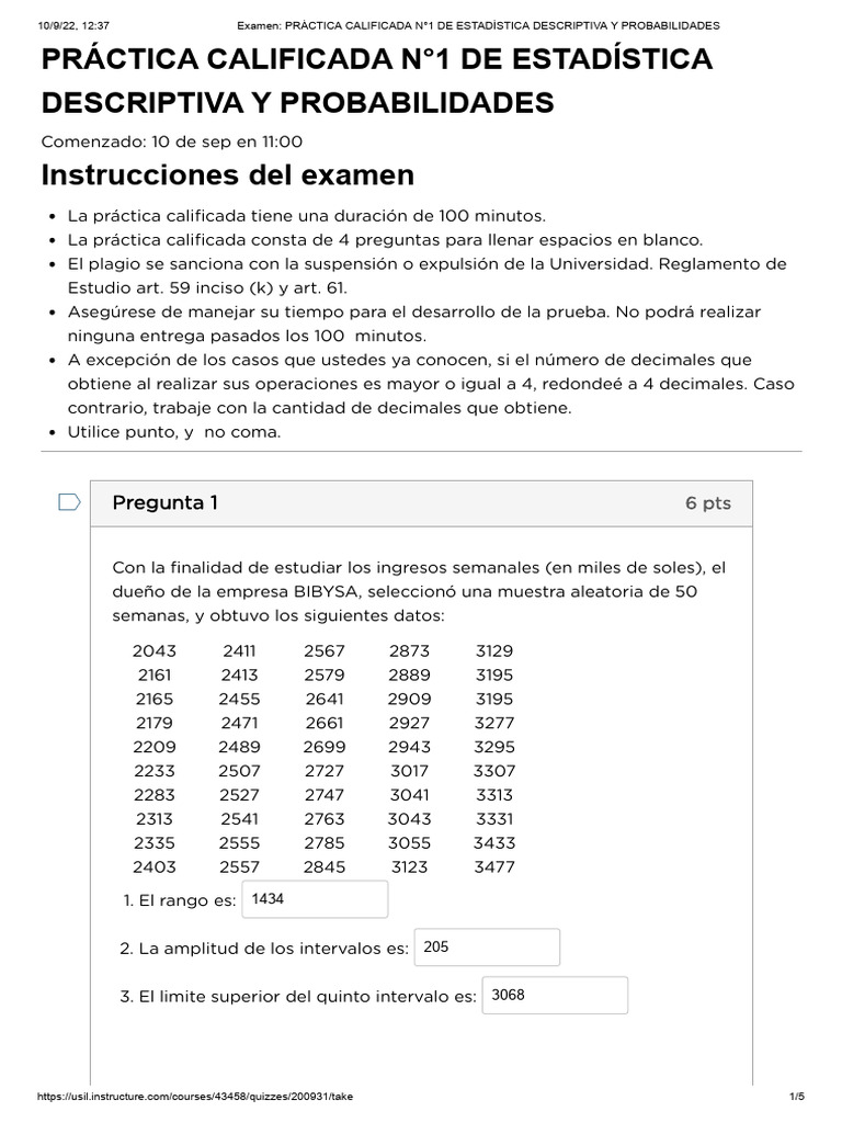 Examen PRACTICA CALIFICADA N1 DE ESTADISTICA DESCRIPTIVA Y PROBABILIDADES | PDF | Metodología ...