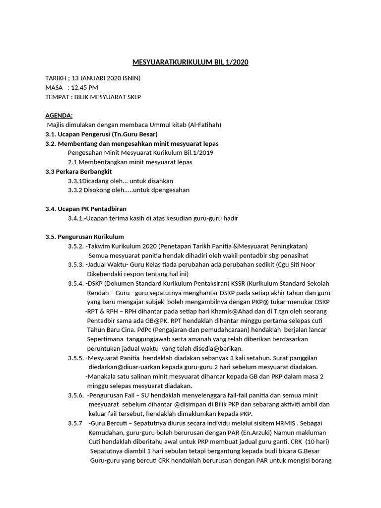 Mesyuarat Kurikulum Bil 1 2021 Draf | PDF