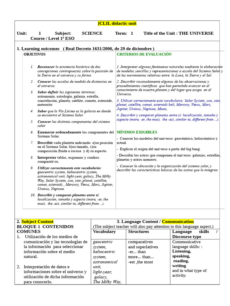 Clil Unit 1 The Universe Science Compress | PDF | Universo | Sistema solar
