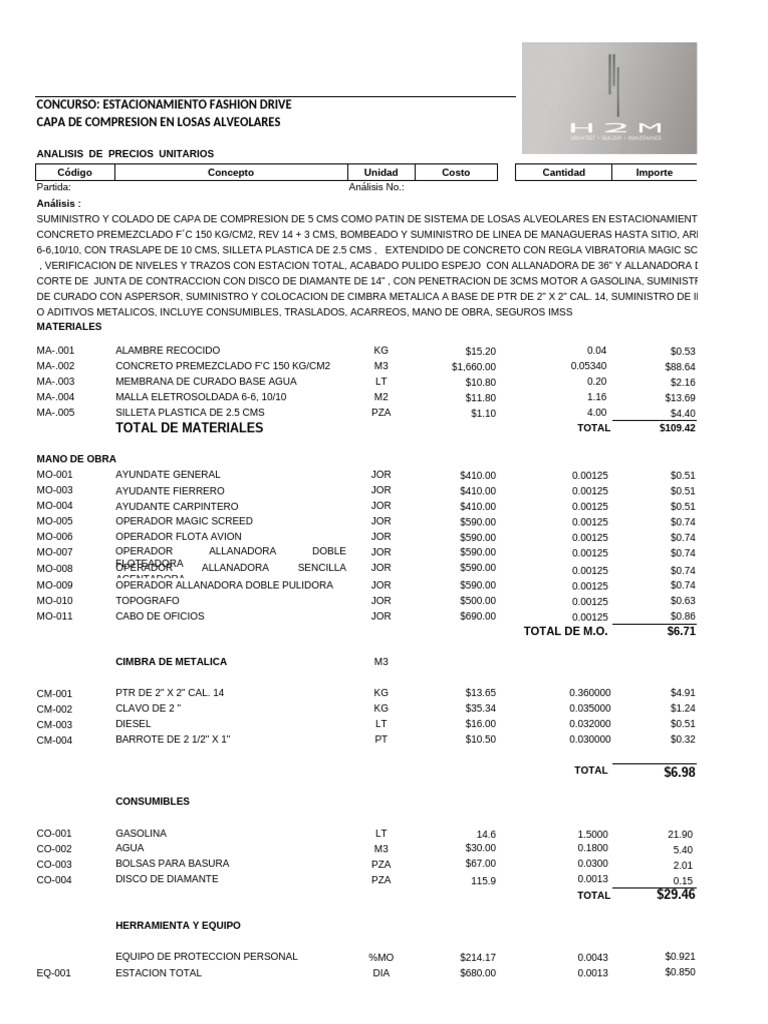 Tarjetas de Precio Unitario Capa de Compresion Estacionamiento | PDF ...