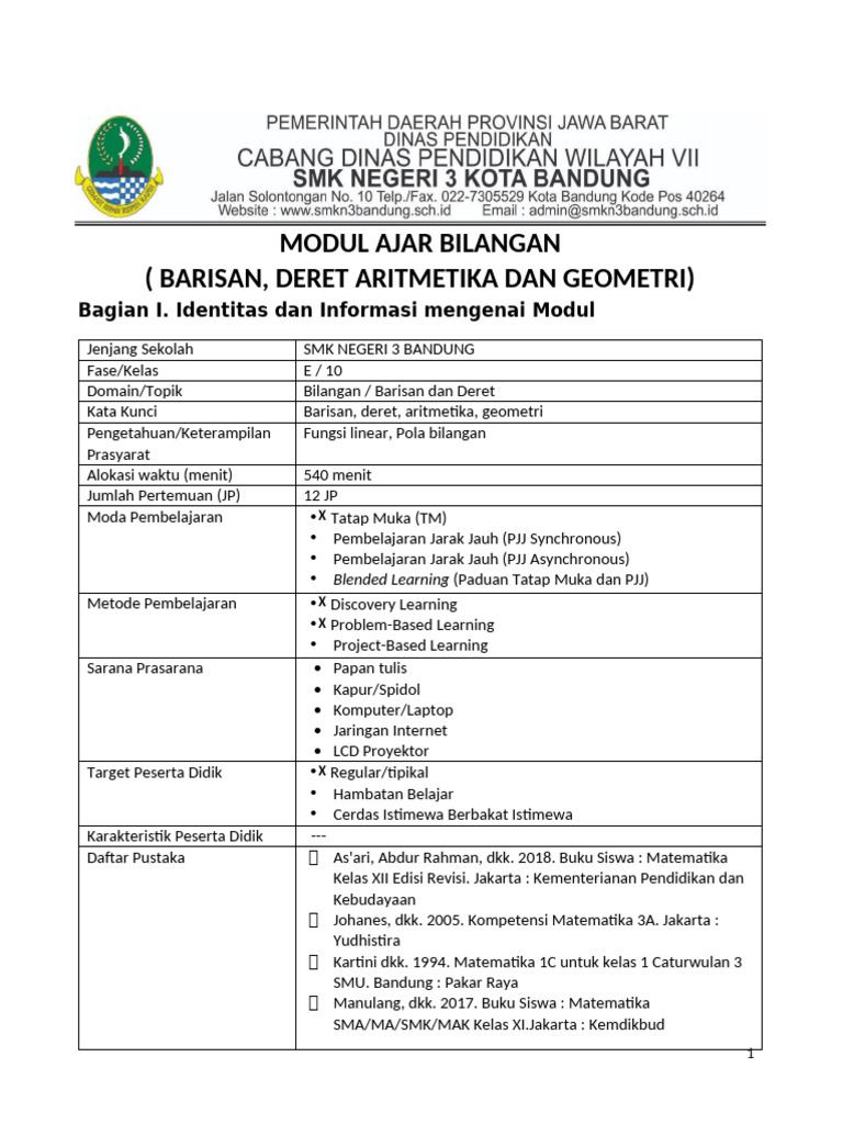 Modul Ajar Bilangan (Barisan, Deret Aritmetika Dan Geometri) | PDF