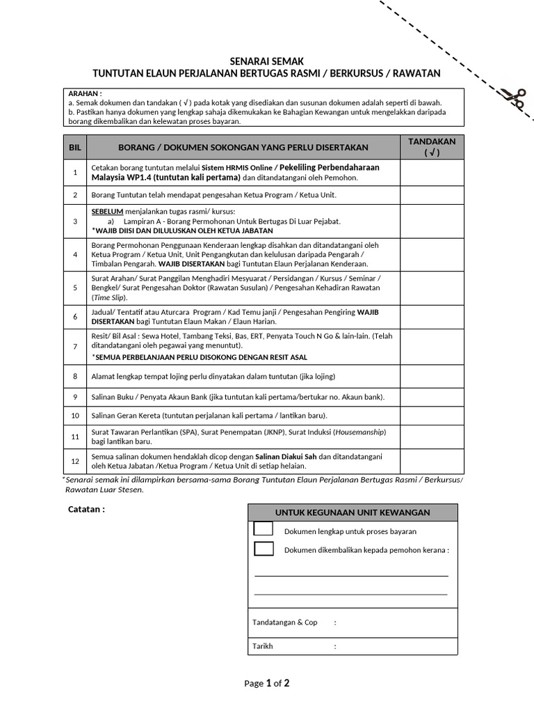 SENARAI SEMAK TUNTUTAN PERJALANAN (Bertugas Rasmi, Berkursus, Rawatan ...