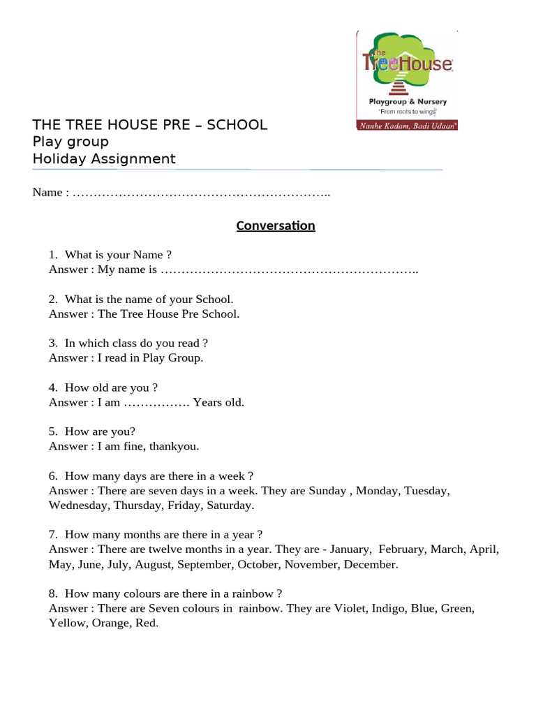 Play Group Holiday Assignment October 24 | PDF