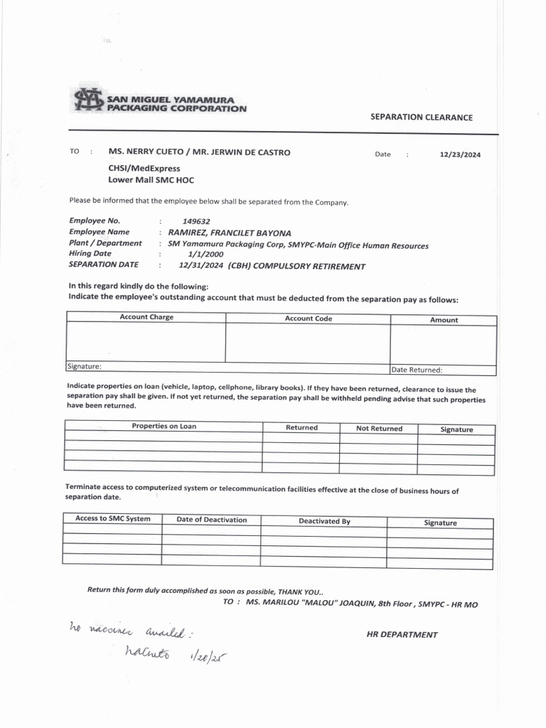Separation Clearance01202025 | PDF