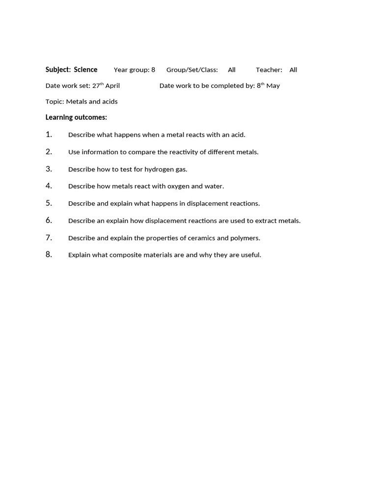 Reactivity Worksheet Year 8 | PDF | Metals | Magnesium