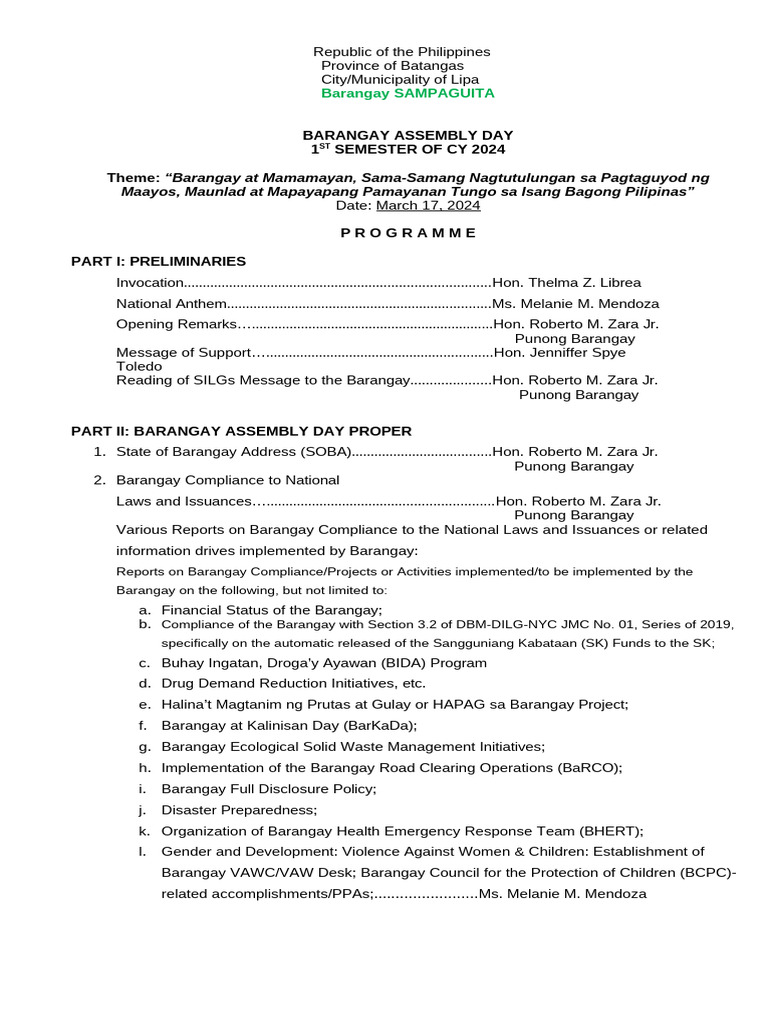 Programme - Barangay Assembly 2024 | PDF