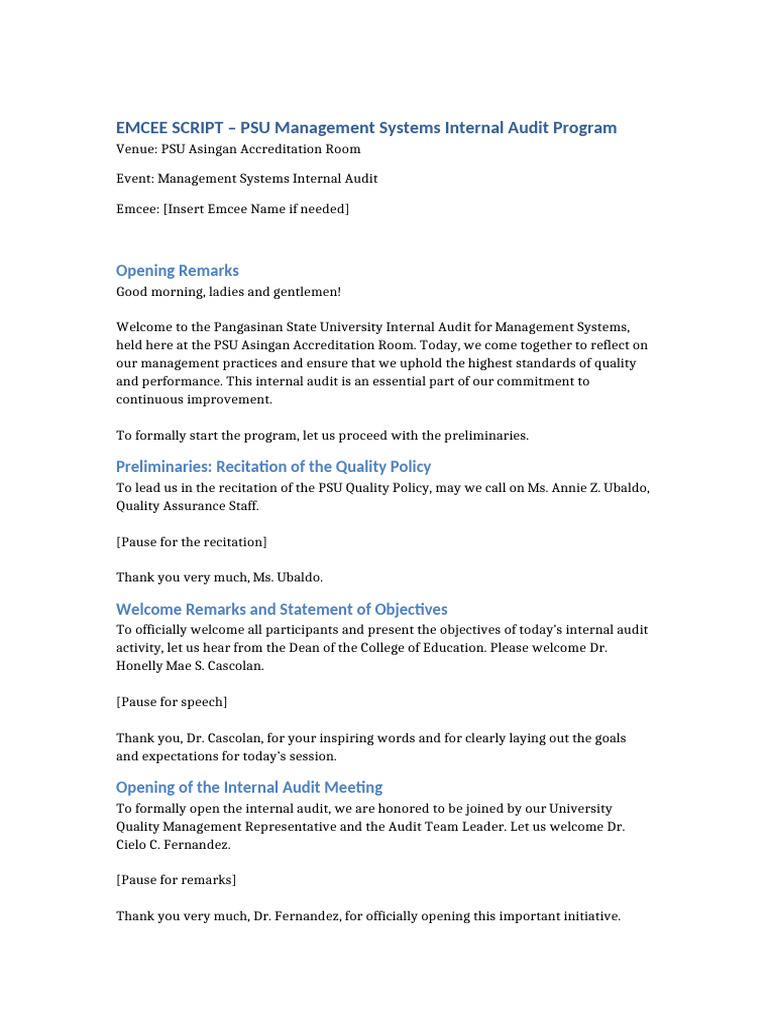 EMCEE SCRIPT PSU Internal Audit FINAL | PDF | Audit | Internal Audit