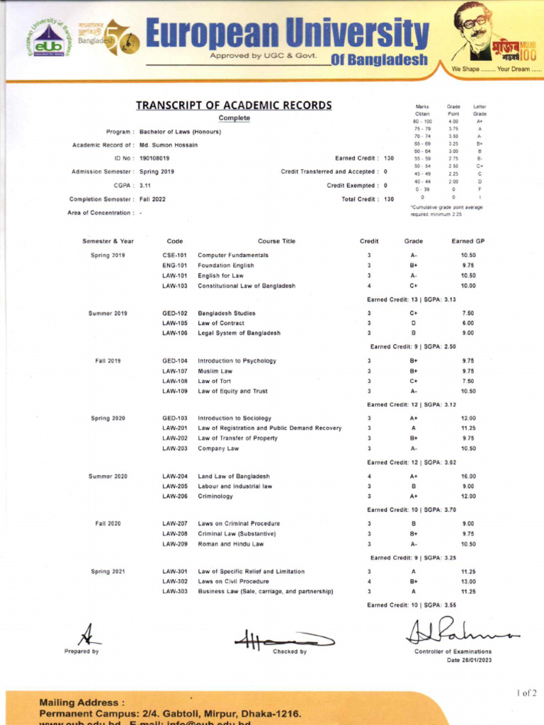 Bachelor Transcript | PDF