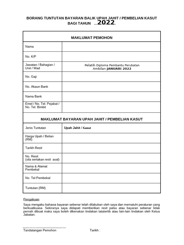 Borang Tuntutan Bayaran Balik Upah Jahit, Pembelian Kasut | PDF