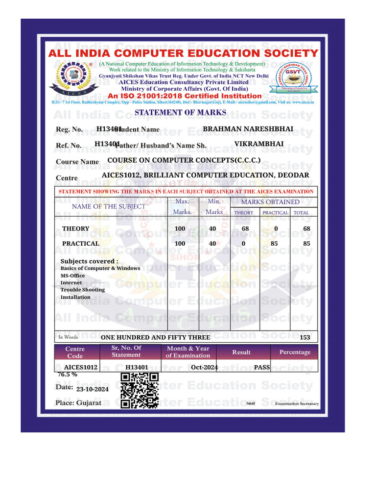 Aices - in Marksheet H13401 | PDF