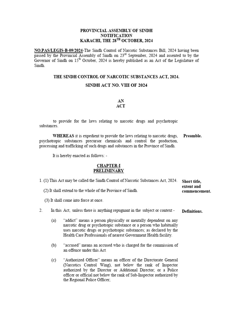 THE SINDH CONTROL OF NARCOTIC SUBSTANCES ACT, 2024. Sindh Act No - VIII ...