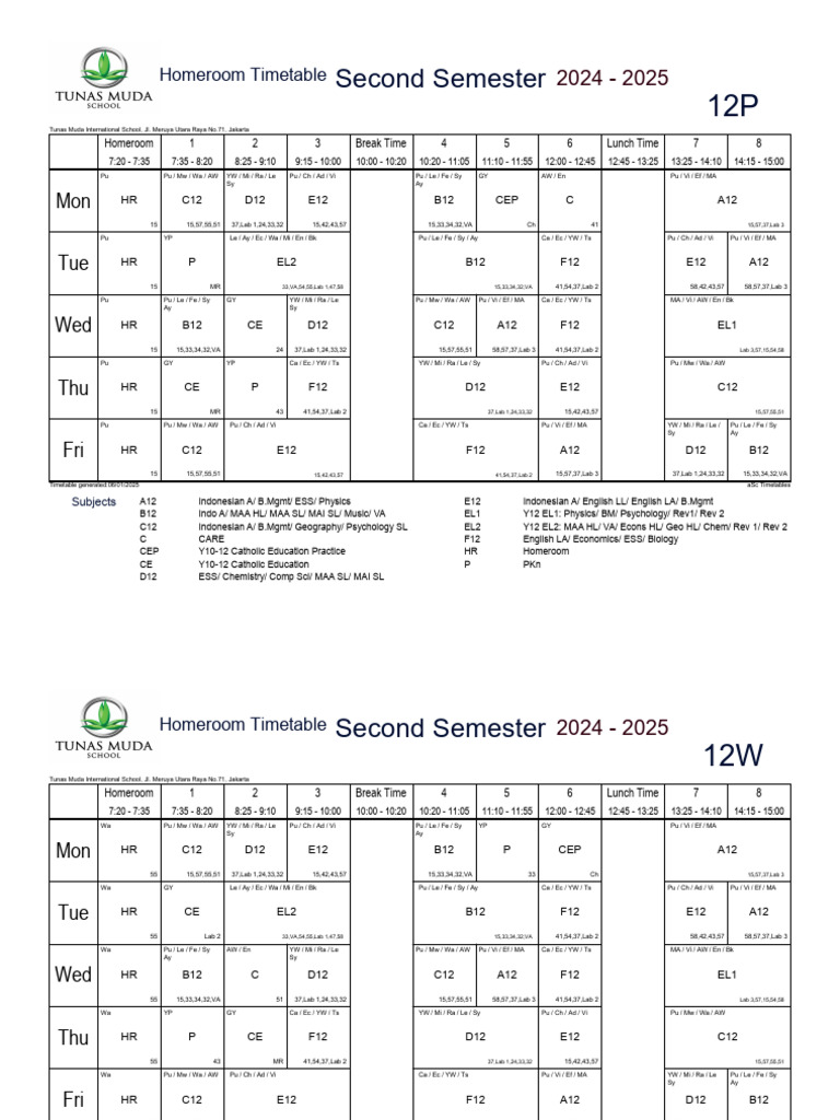 Y12 S2 Timetable 2024-2025 | PDF