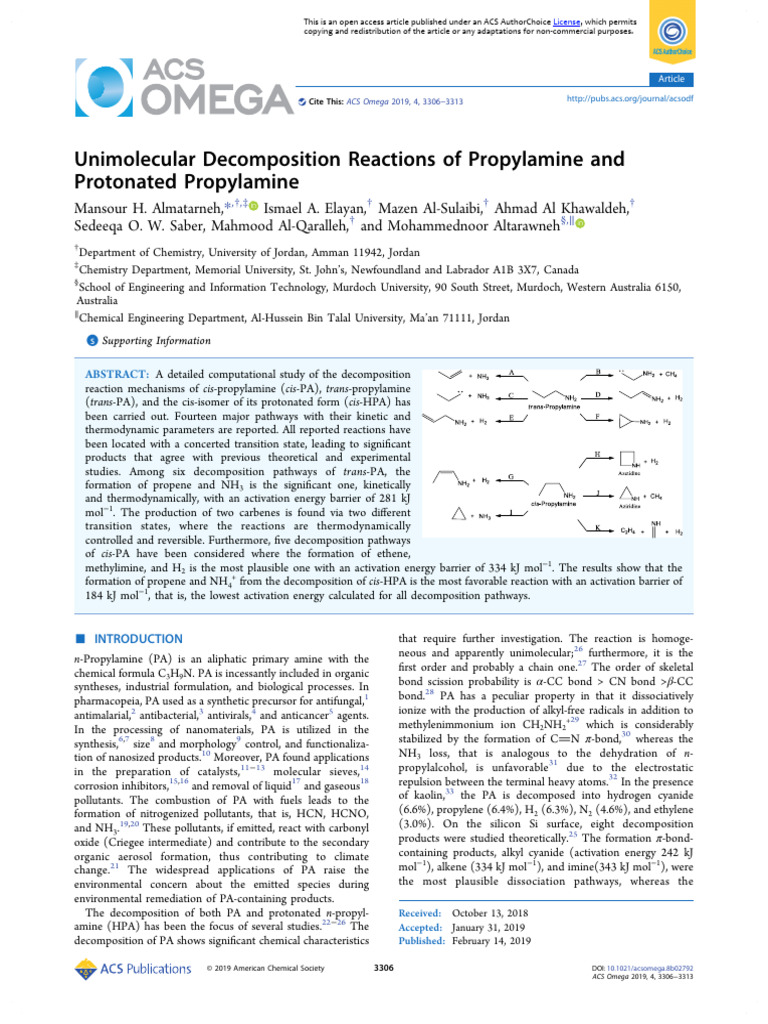 2019 Propylamine ACS OMEGA | PDF | Chemical Reactions | Activation Energy