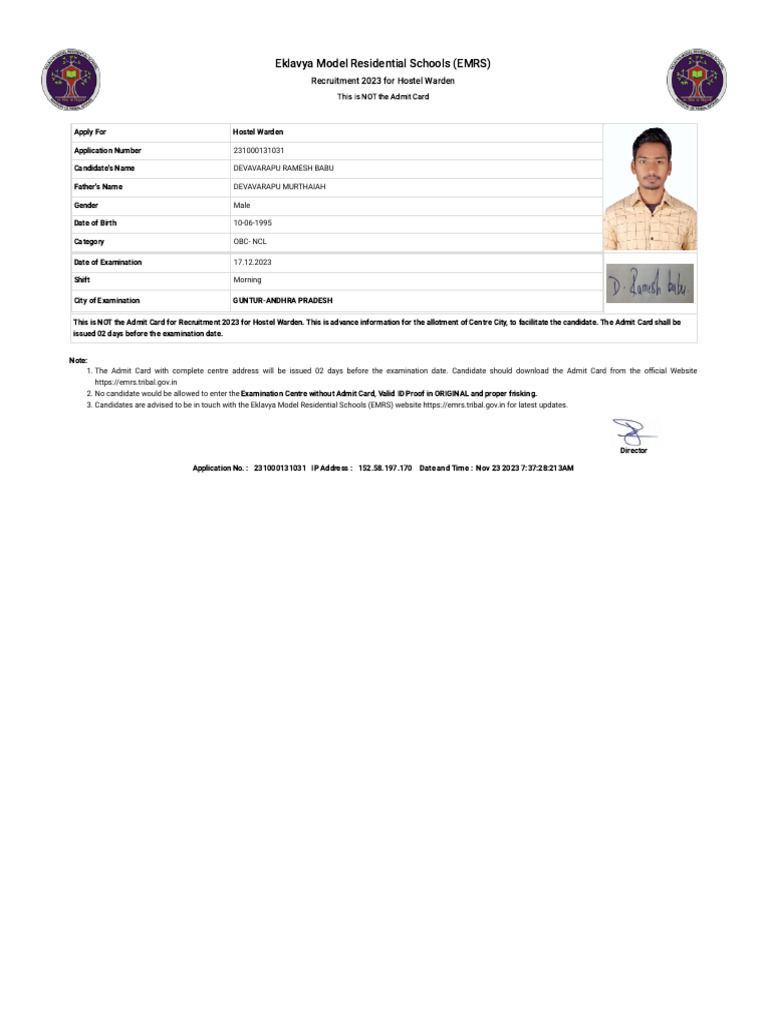 Emrs Admit Card Duplicate | PDF