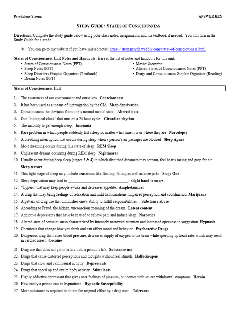 Study Guide States of Consciousness Key 2018 | PDF | Sleep ...