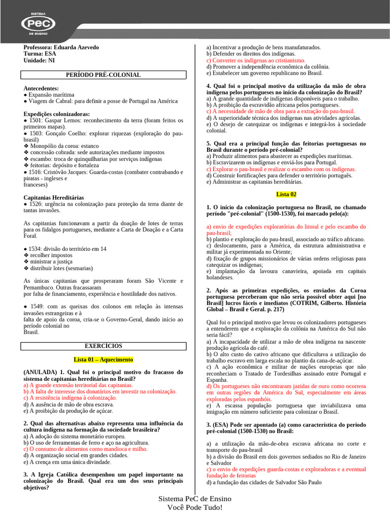 Aula 02 - Esa - Período Pré Colonial | PDF | Brasil | Barter (operação ...