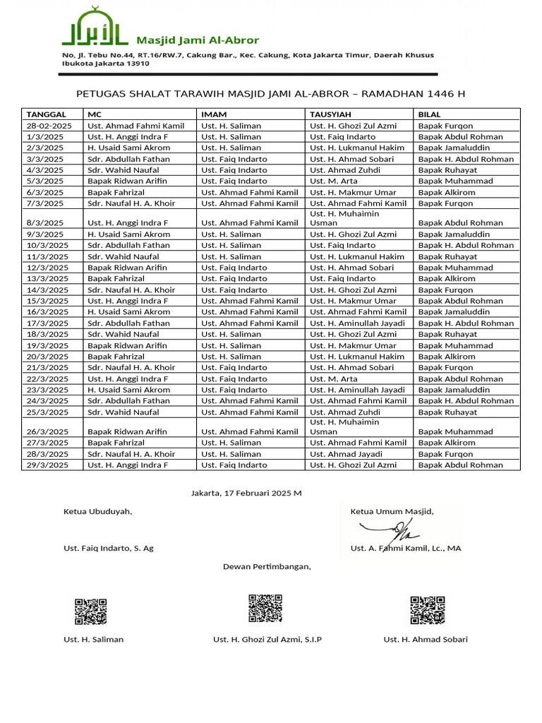 Petugas Shalat Tarawih 1446 H - Masjid Jami Al-Abror | PDF | Ramadan