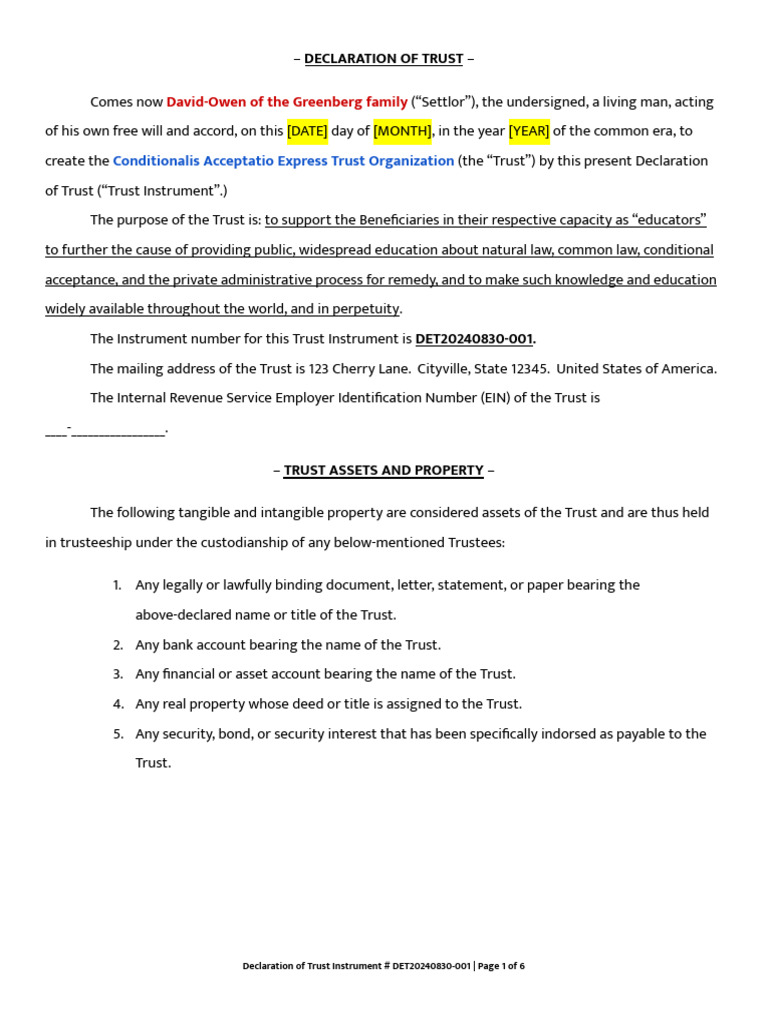 DRAFT - DECLARATION OF TRUST - V1.0 - David Greenberg | PDF | Legal ...