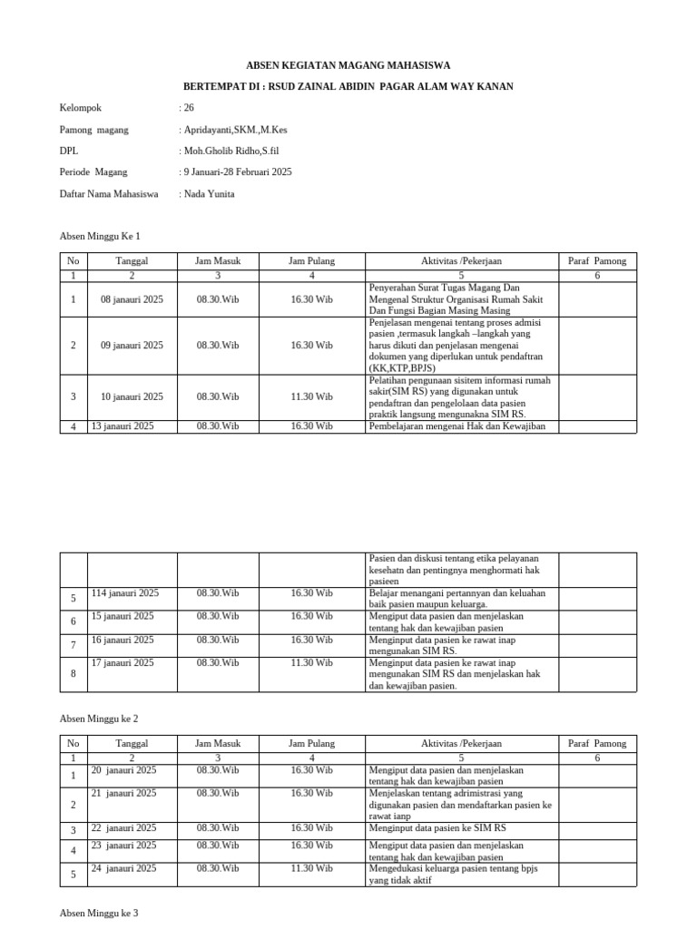 Absen Kegiatan Magang Nada | PDF
