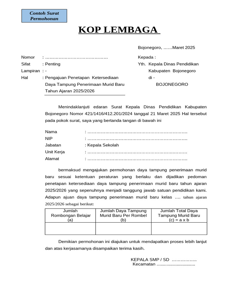 Contoh - Surat Permohonan SPMB 2025-2026 | PDF