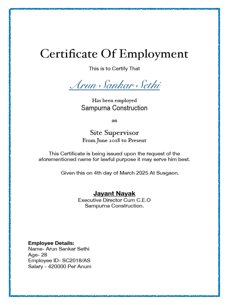 Arun Sankar Sethi Employeement Certficate | PDF