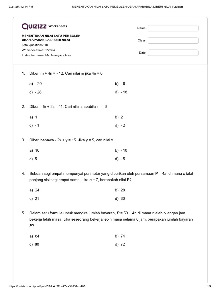 MENENTUKAN NILAI SATU PEMBOLEH UBAH APABILA DIBERI NILAI - Quizizz | PDF