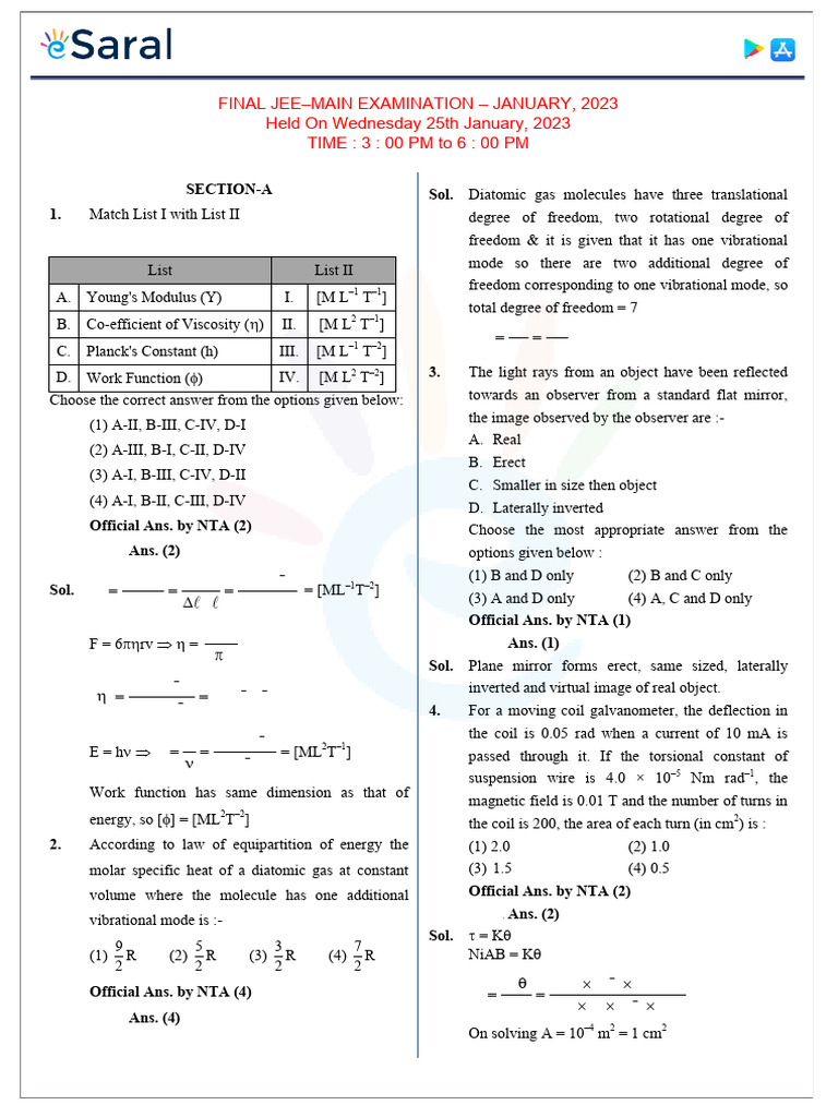 25 01 2023 Physics - Paper+With+Ans - Evening | PDF | P–N Junction ...