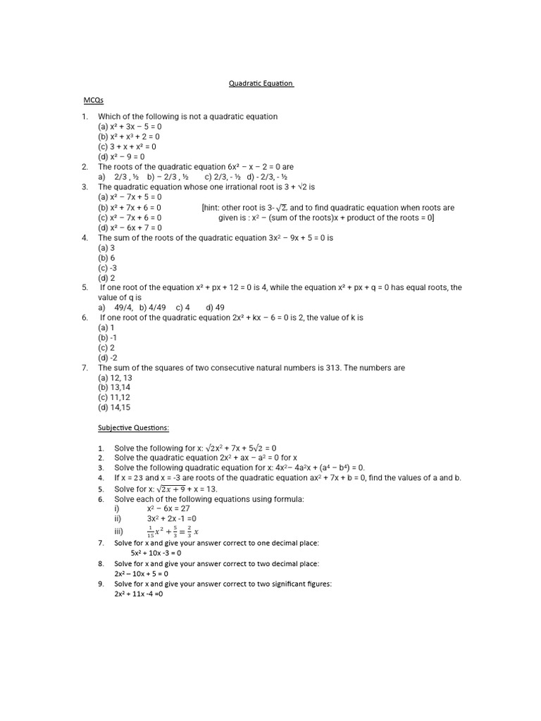 Quadratic Equation Worksheet 1 | PDF