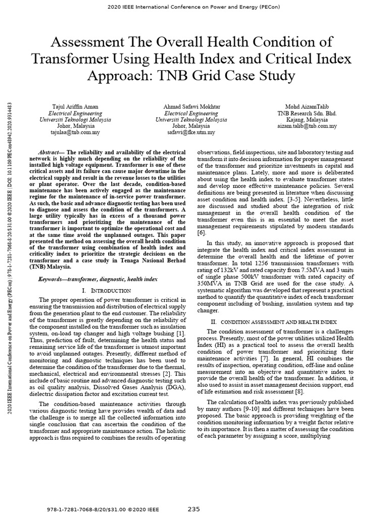 Assessment The Overall Health Condition of Transformer Using Health Index and Critical Index ...