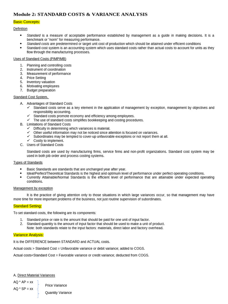 Module 2 - STD Costing & Variance Analysis | PDF | Factors Of Production | Cost