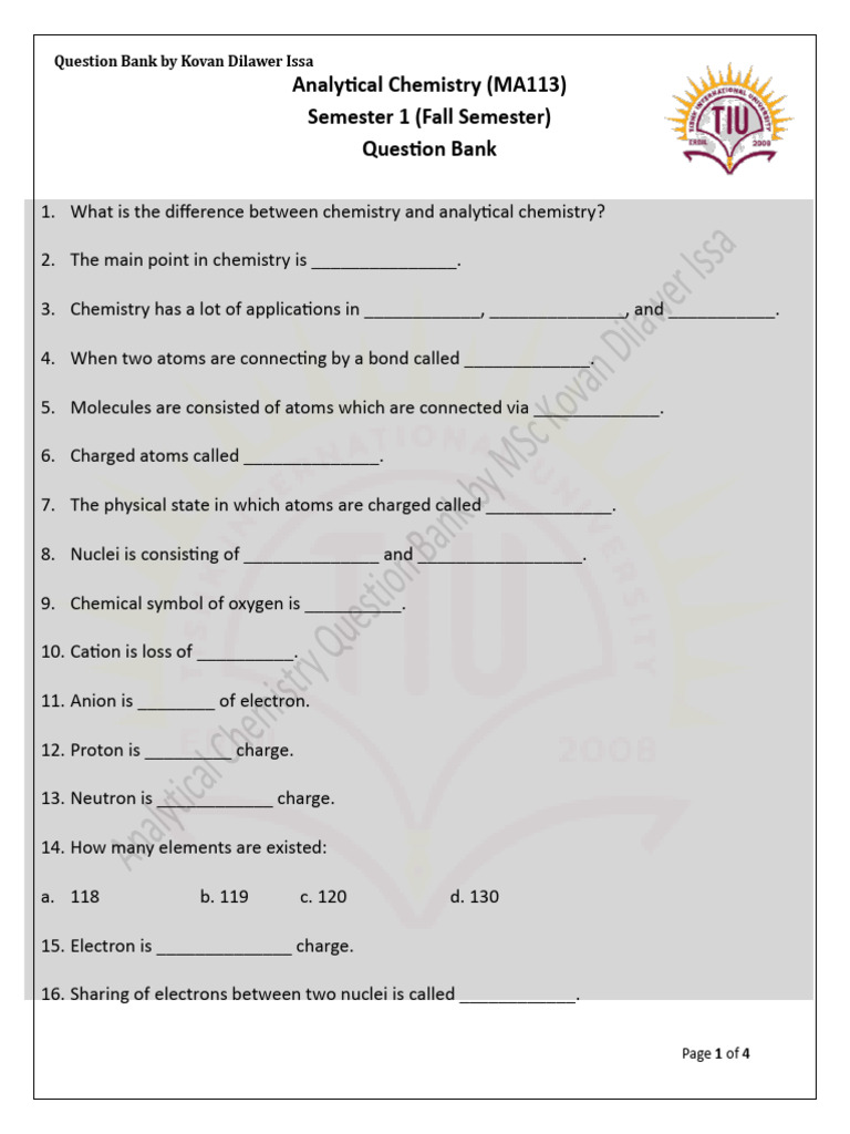 Analytical Chemistry Question Bank | PDF | Chemical Bond | Ion