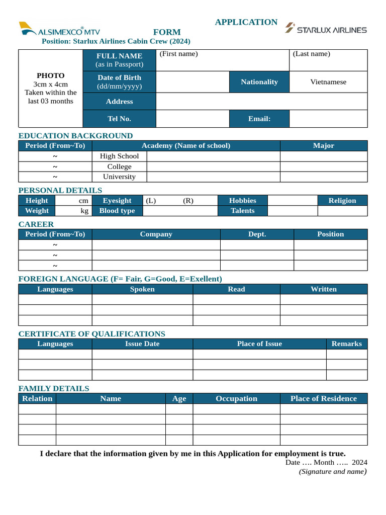 2.1.mau STARLUX AIRLINES 2024 - APPLICATION FORM 1 | PDF