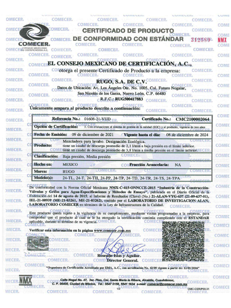 Certificado Mezcladora de Lavabo Rugo | PDF
