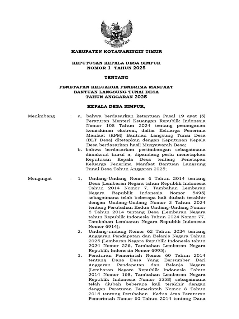 Perkades BLT Desa Tahun 2025 Desa Simpur_095603 | PDF