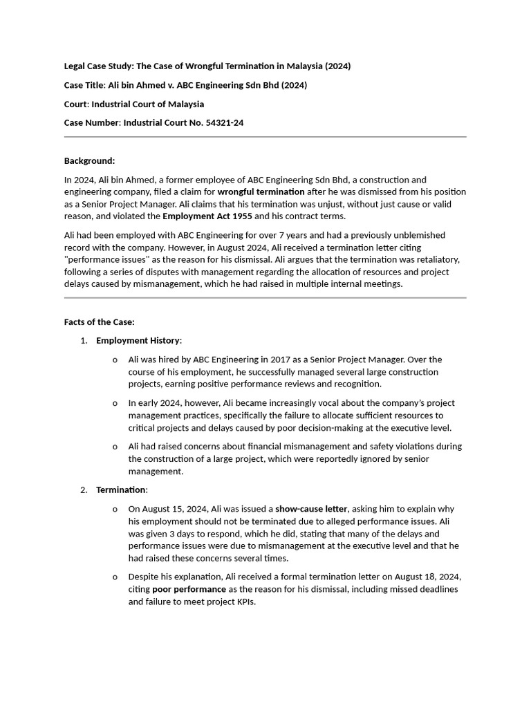 Legal Case Study - The Case of Wrongful Termination in Malaysia (2024) | PDF | Employment | Justice