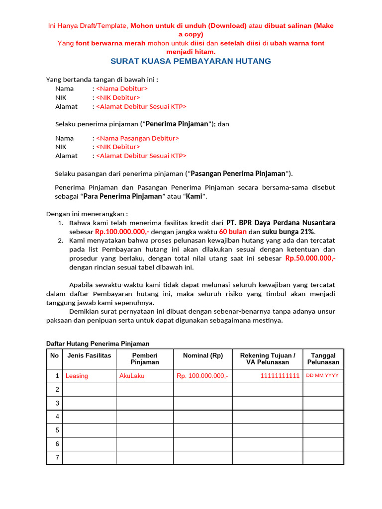 Draft - Surat Kuasa Pembayaran Hutang - Nama Cadeb | PDF