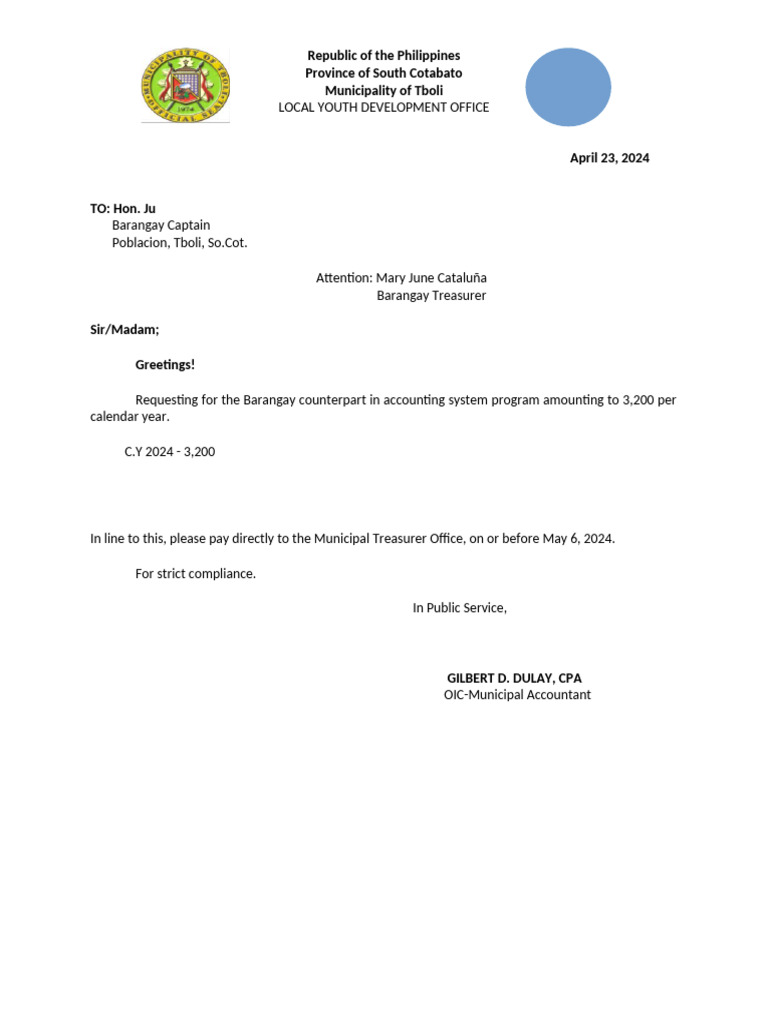 Letter For LYDO 2025 SK Submission | PDF