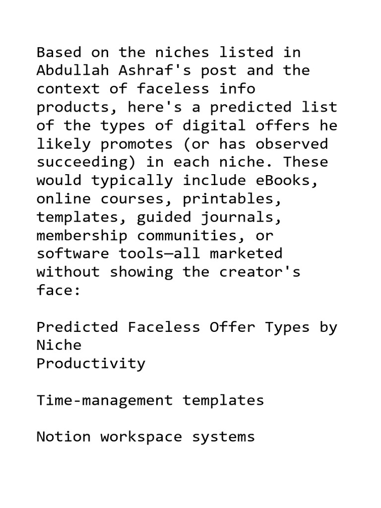 Faceless Offers Across Diverse Niches 1st Idea | PDF | Cognitive ...