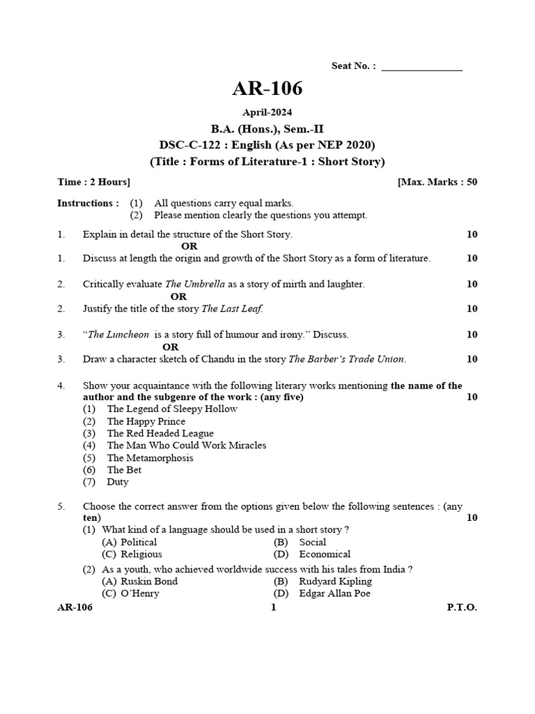 BA (NEP) Sem 2 DSC-C-122 English | PDF