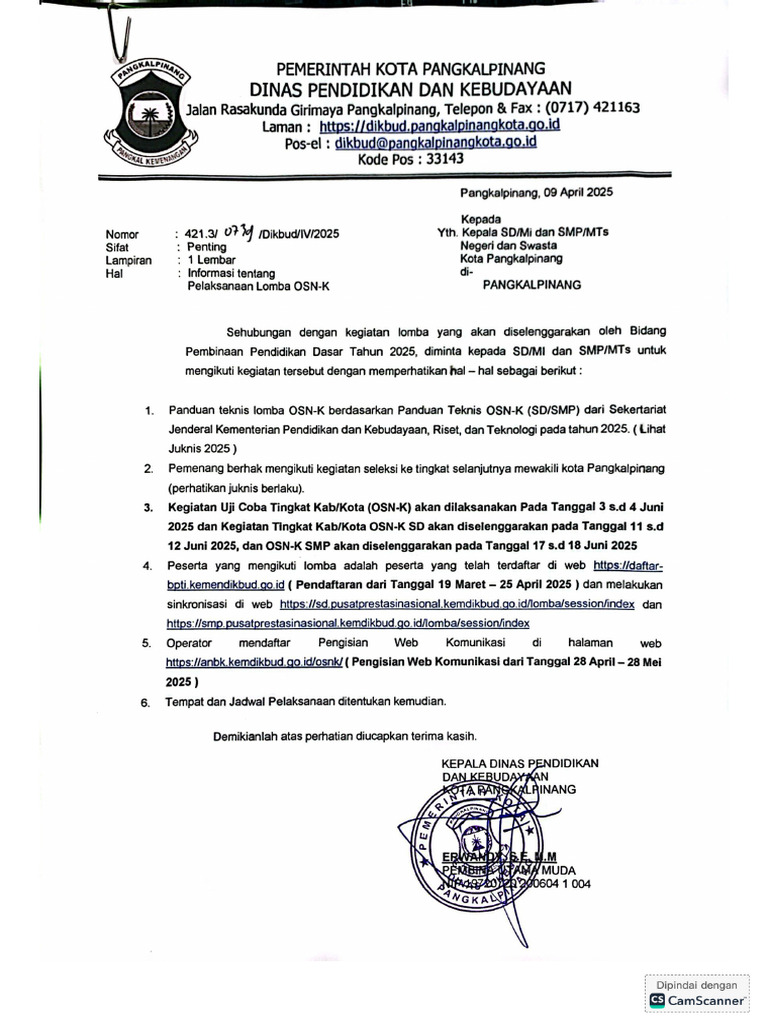 SE Pelaksanaan Lomba OSN-K 2025 | PDF