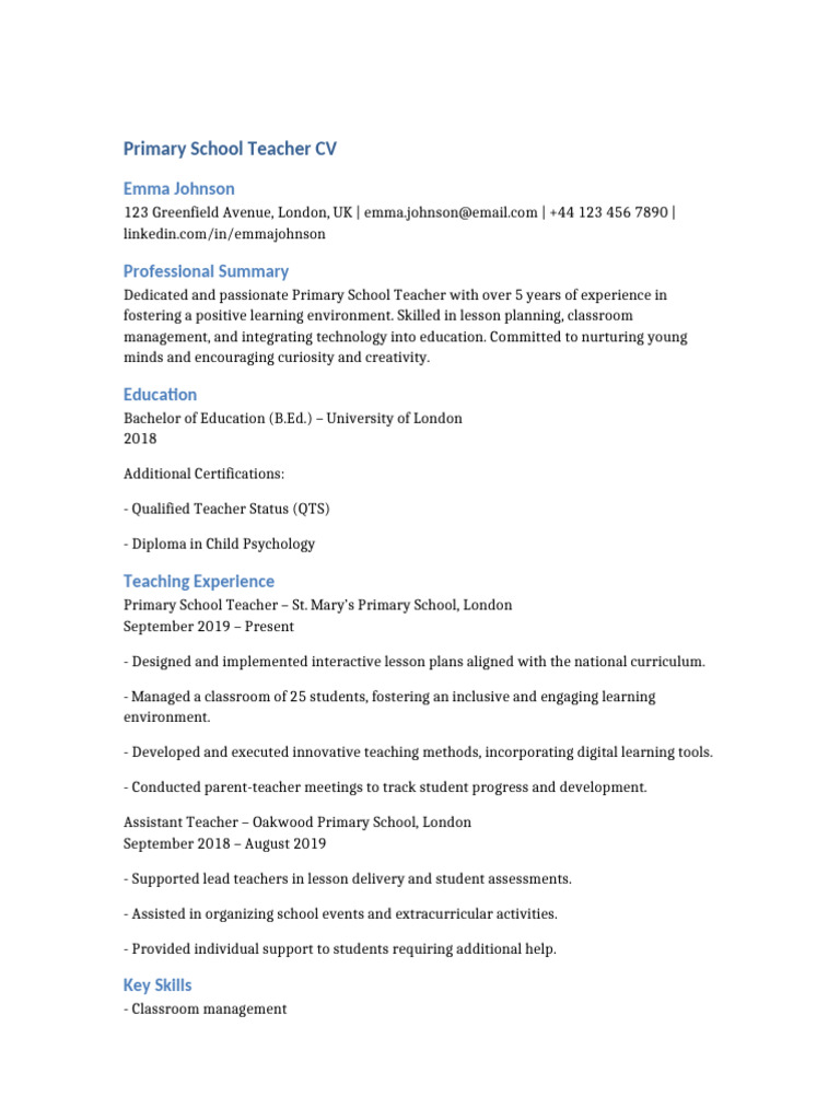 Sample Primary School Teacher CV | PDF