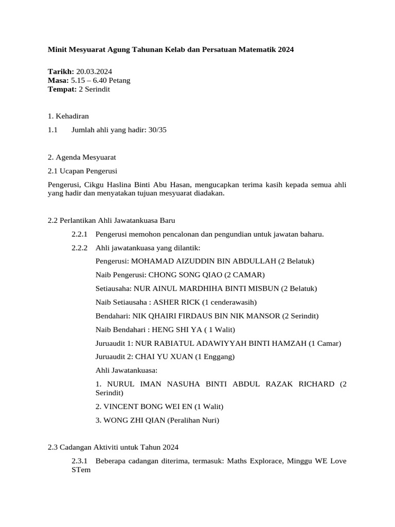 Minit Mesyuarat Agung Tahunan Kelab Dan Persatuan Matematik 2024 | PDF