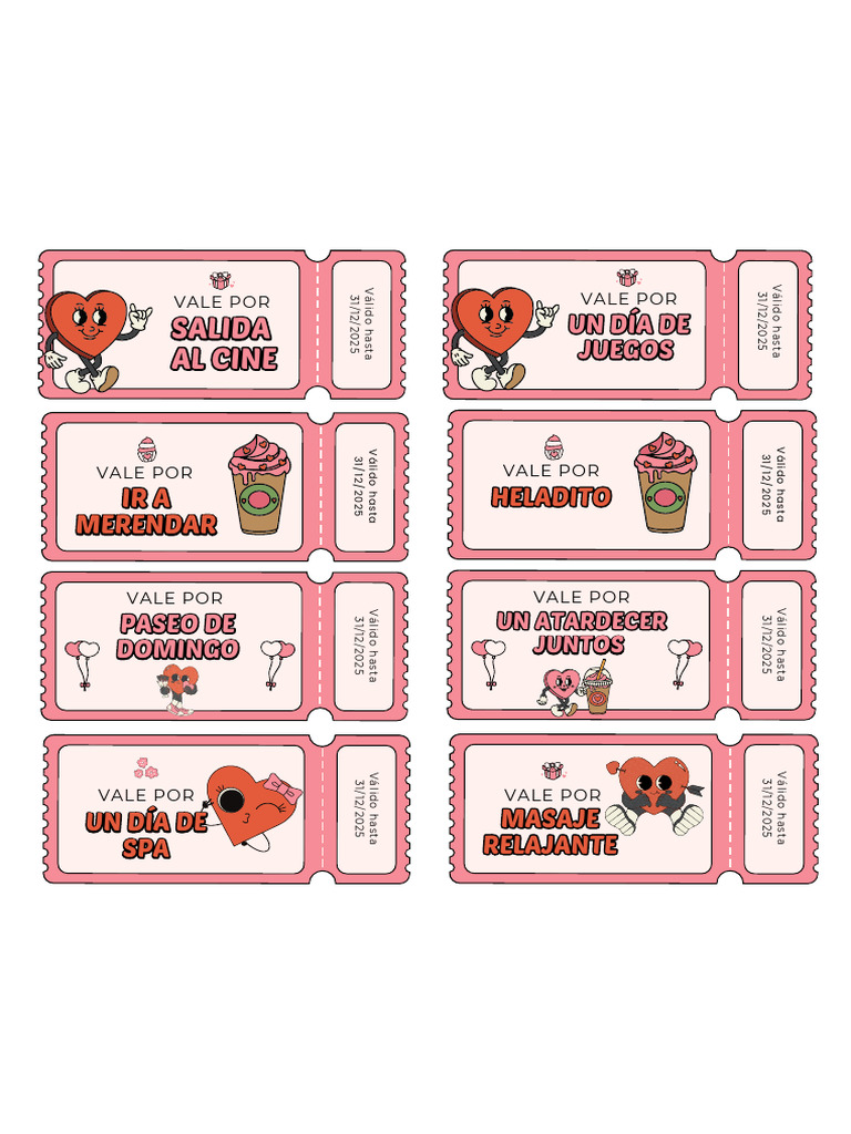Documento A4 Cupones de Regalo para San Valentín Ilustrado Rosa y Rojo ...