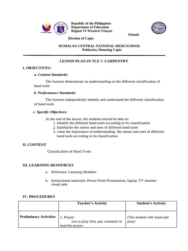 FINAL LESSON PLAN FOR Carpentry 2 Del Pilar | PDF | Drill | Woodworking