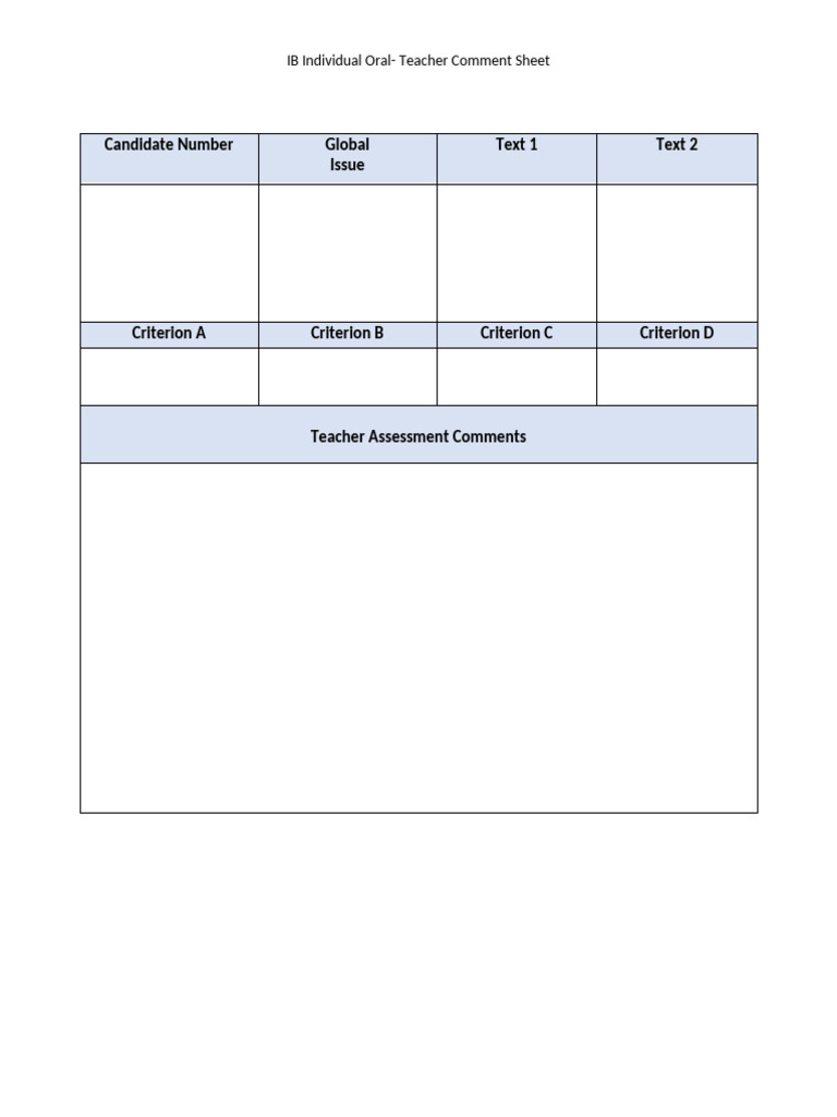 Official IB English Individual Oral Commentary Sheet | PDF