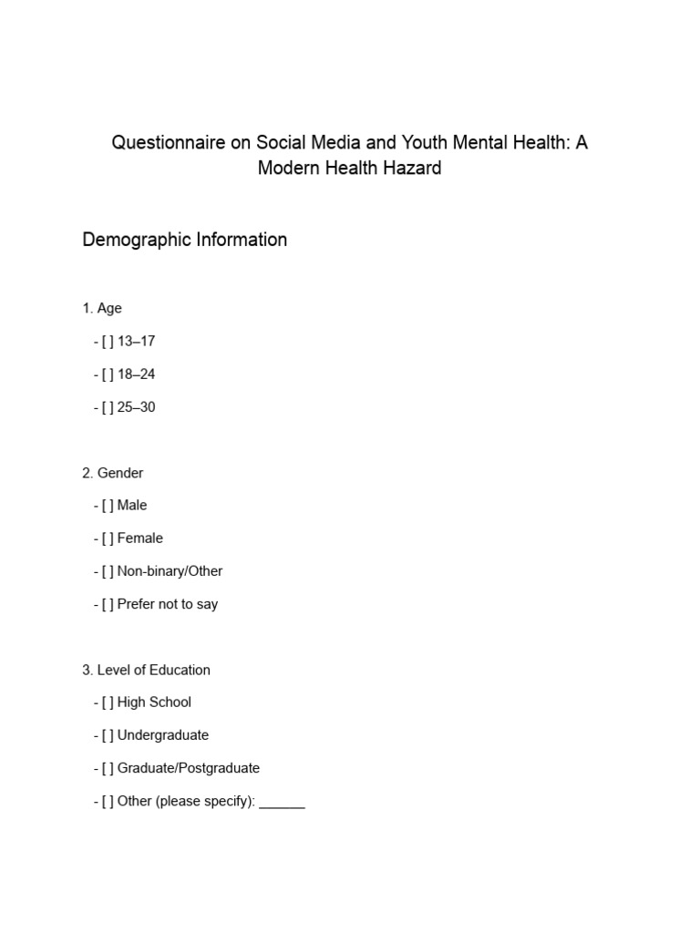 Questionnaire On Social Media and Youth Mental Health - A Modern Health ...