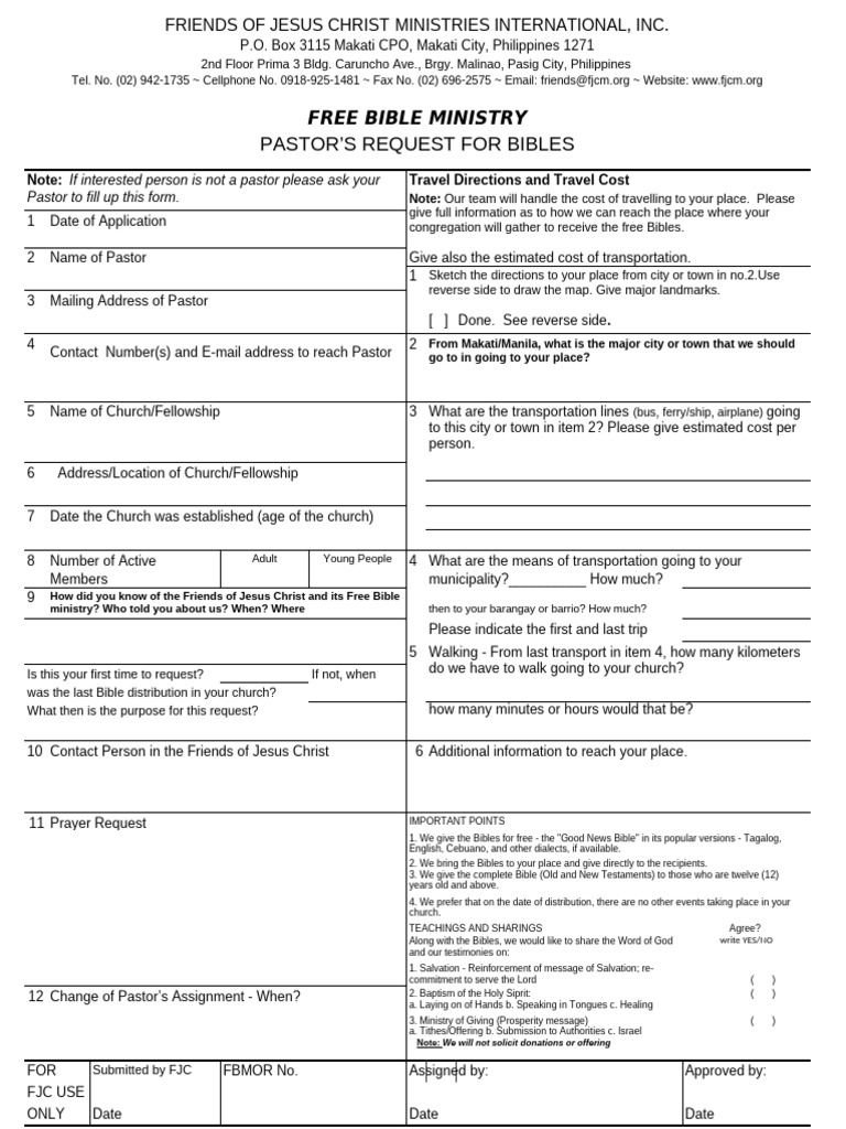 Free Bible Request Form for Pastors | PDF | Bible | Abrahamic Religions